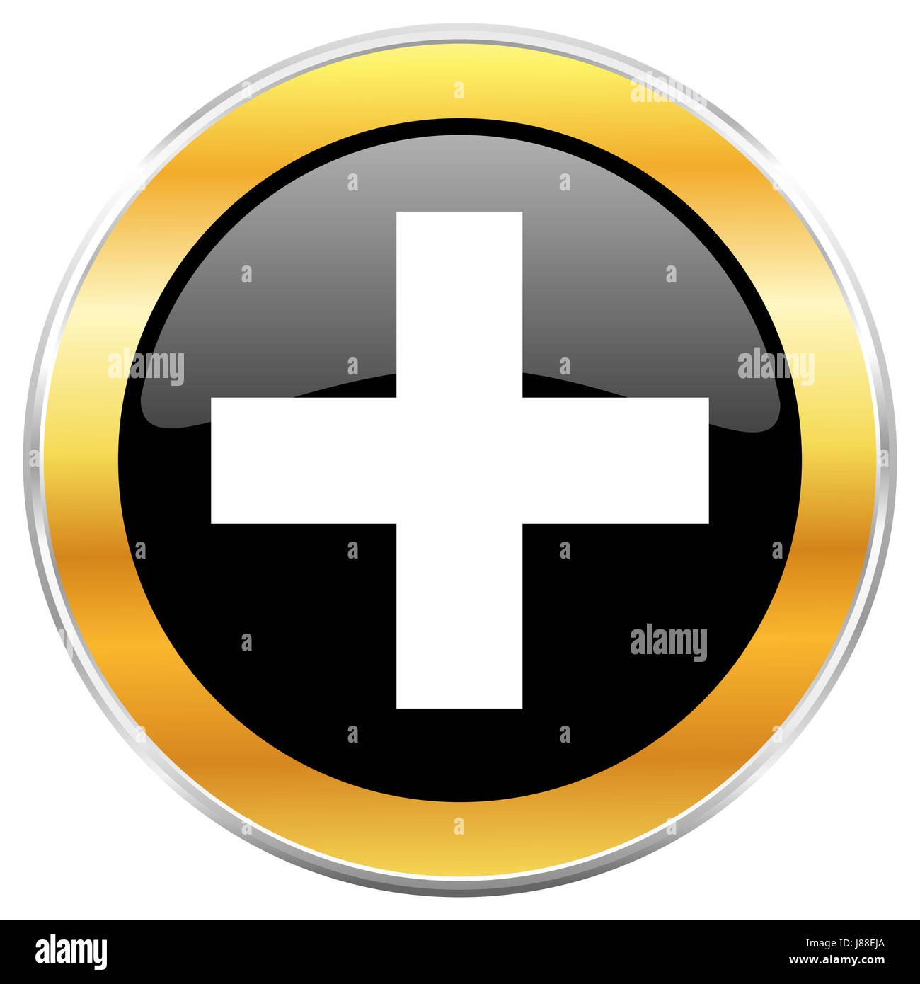Plus black web icon with golden border isolated on white background ...