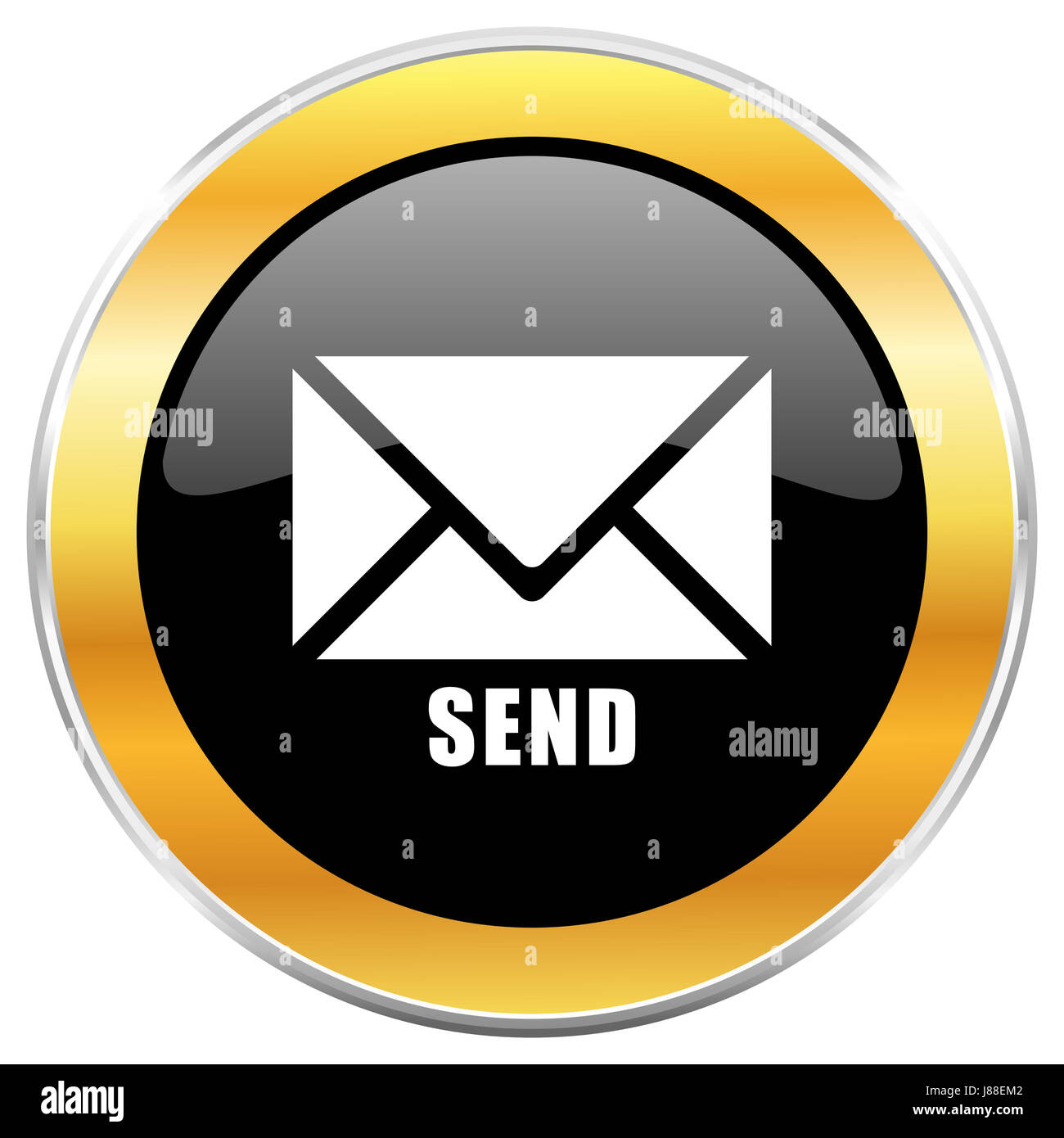 Send black web icon with golden border isolated on white background ...