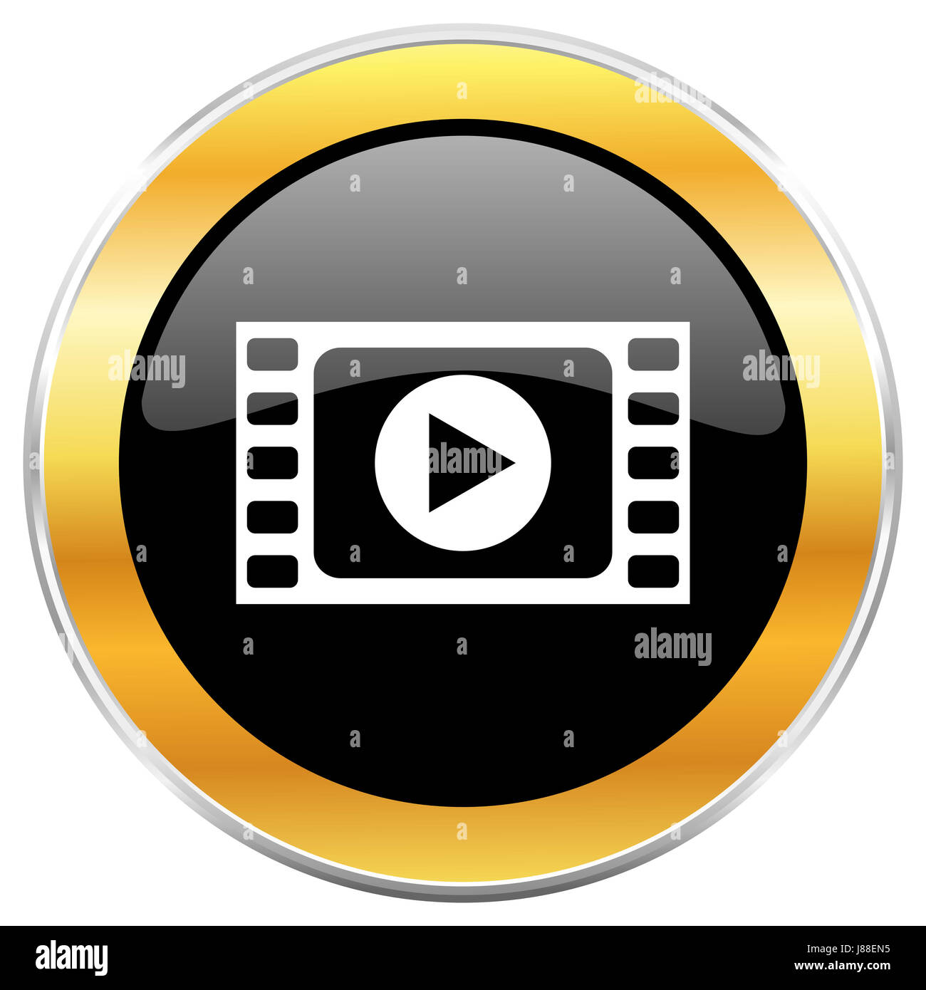 Play video black web icon with golden border isolated on white ...