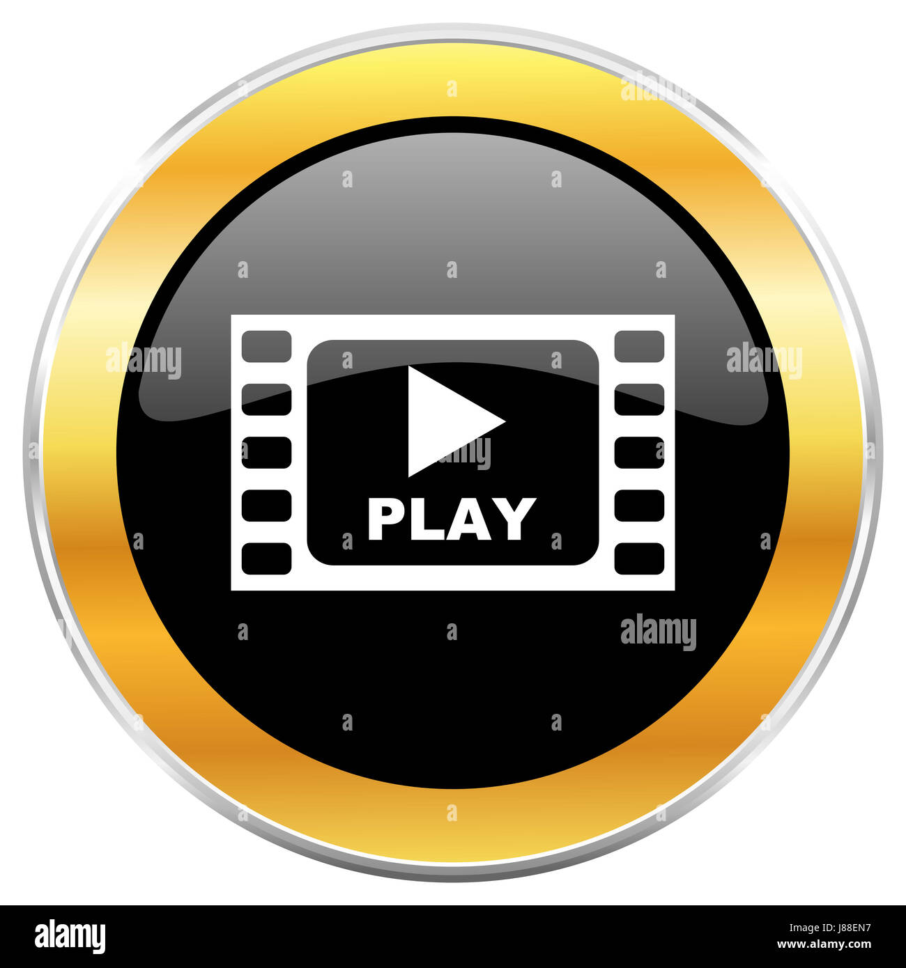 Play video black web icon with golden border isolated on white ...