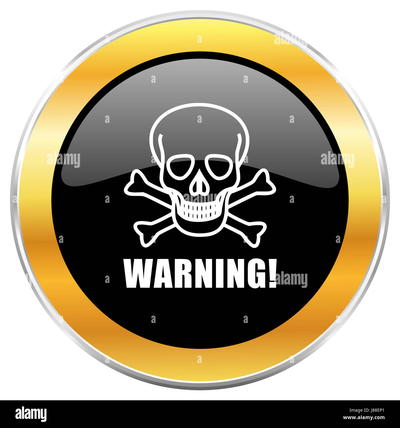 Warning skull black web icon with golden border isolated on white ...