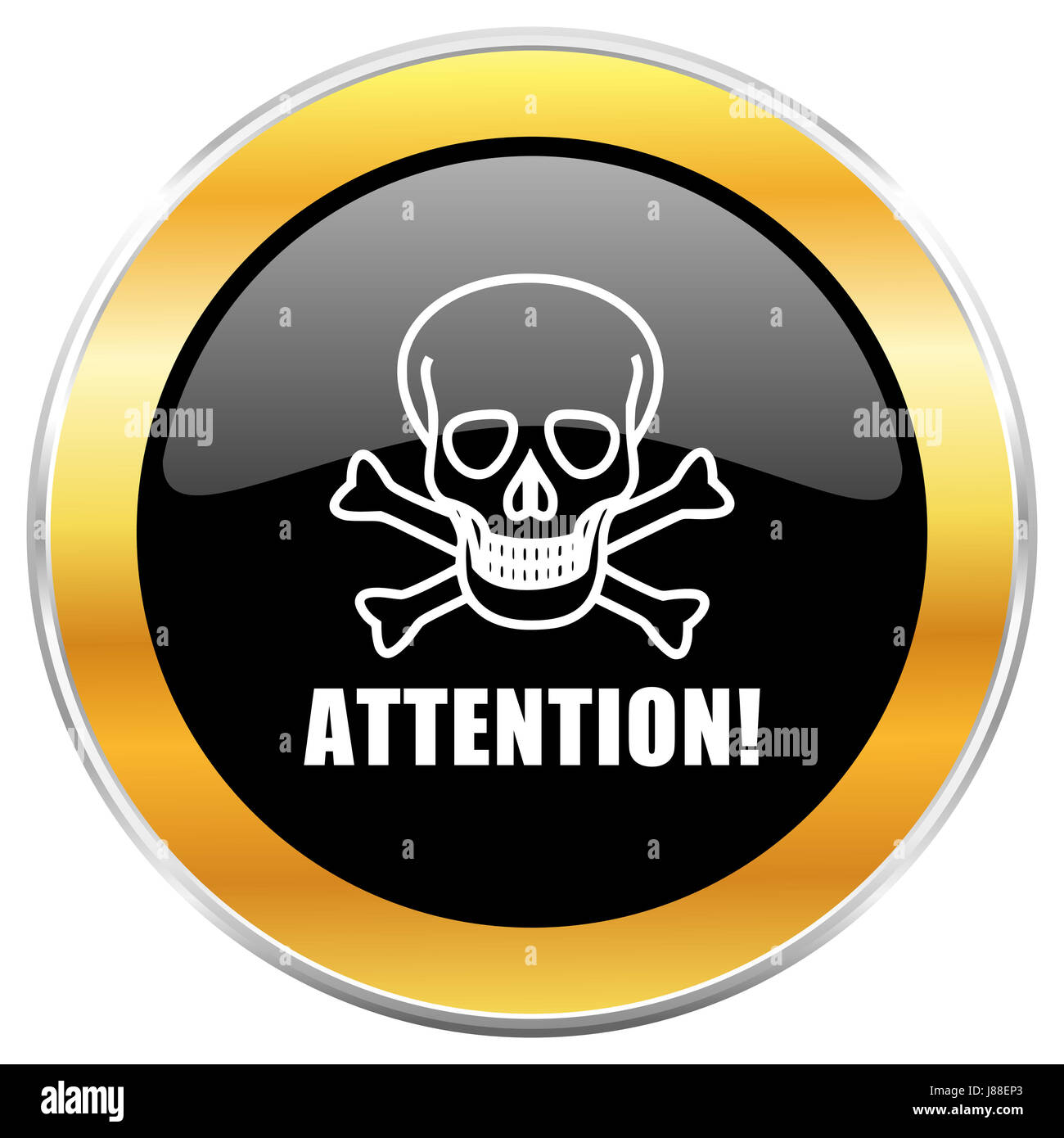 Attention skull black web icon with golden border isolated on white ...