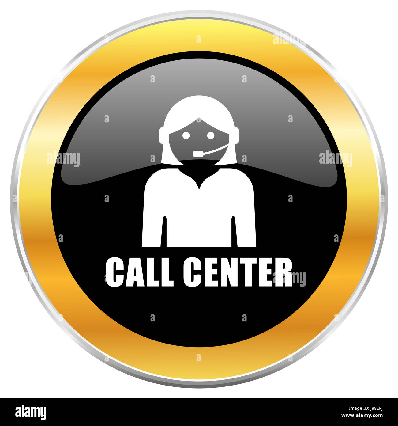Call center black web icon with golden border isolated on white ...