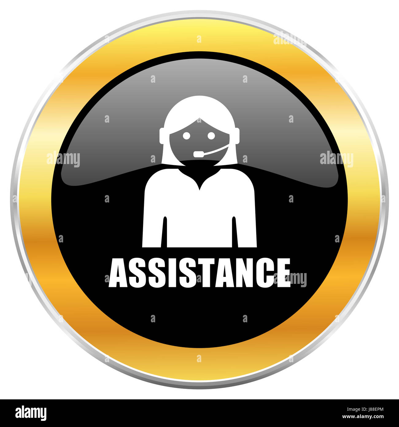 Assistance black web icon with golden border isolated on white ...