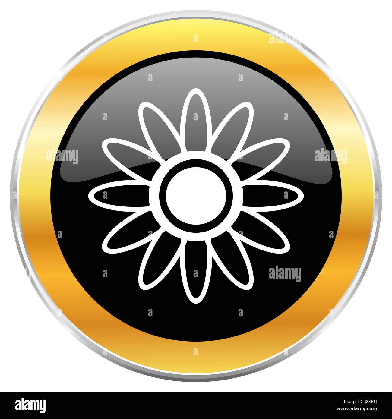 Flower black web icon with golden border isolated on white background ...