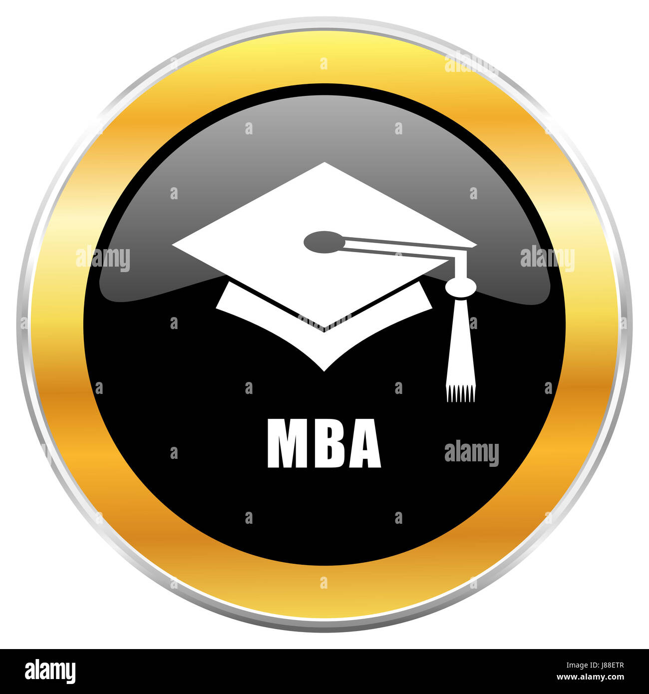 Mba black web icon with golden border isolated on white background ...