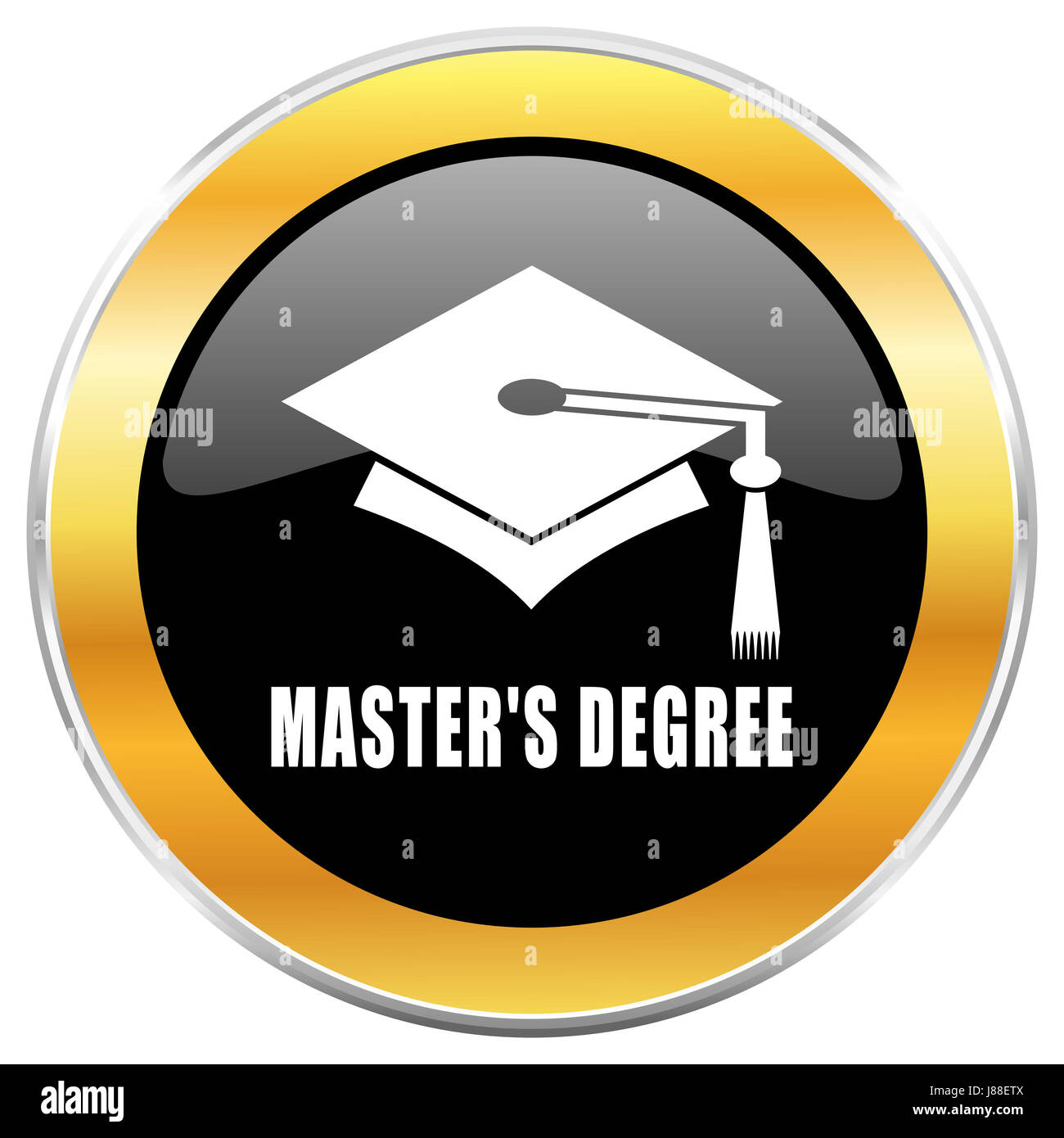 Masters degree black web icon with golden border isolated on white ...