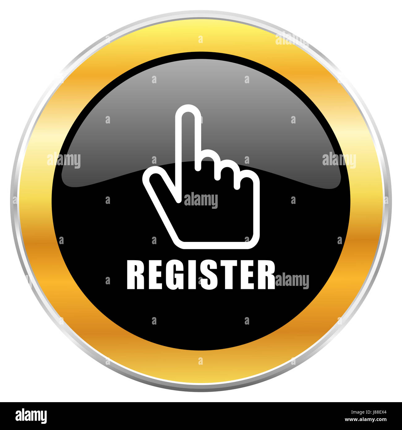Register black web icon with golden border isolated on white background ...