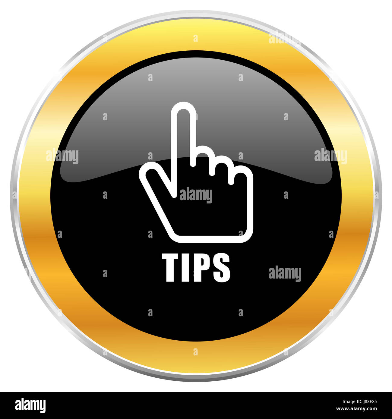 Tips black web icon with golden border isolated on white background ...
