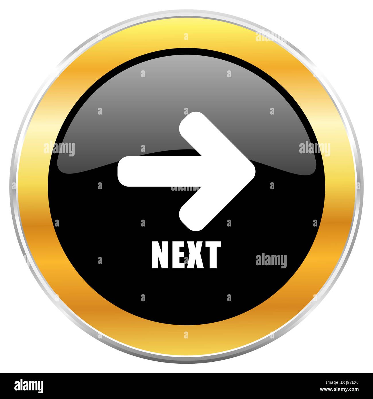 Next black web icon with golden border isolated on white background ...