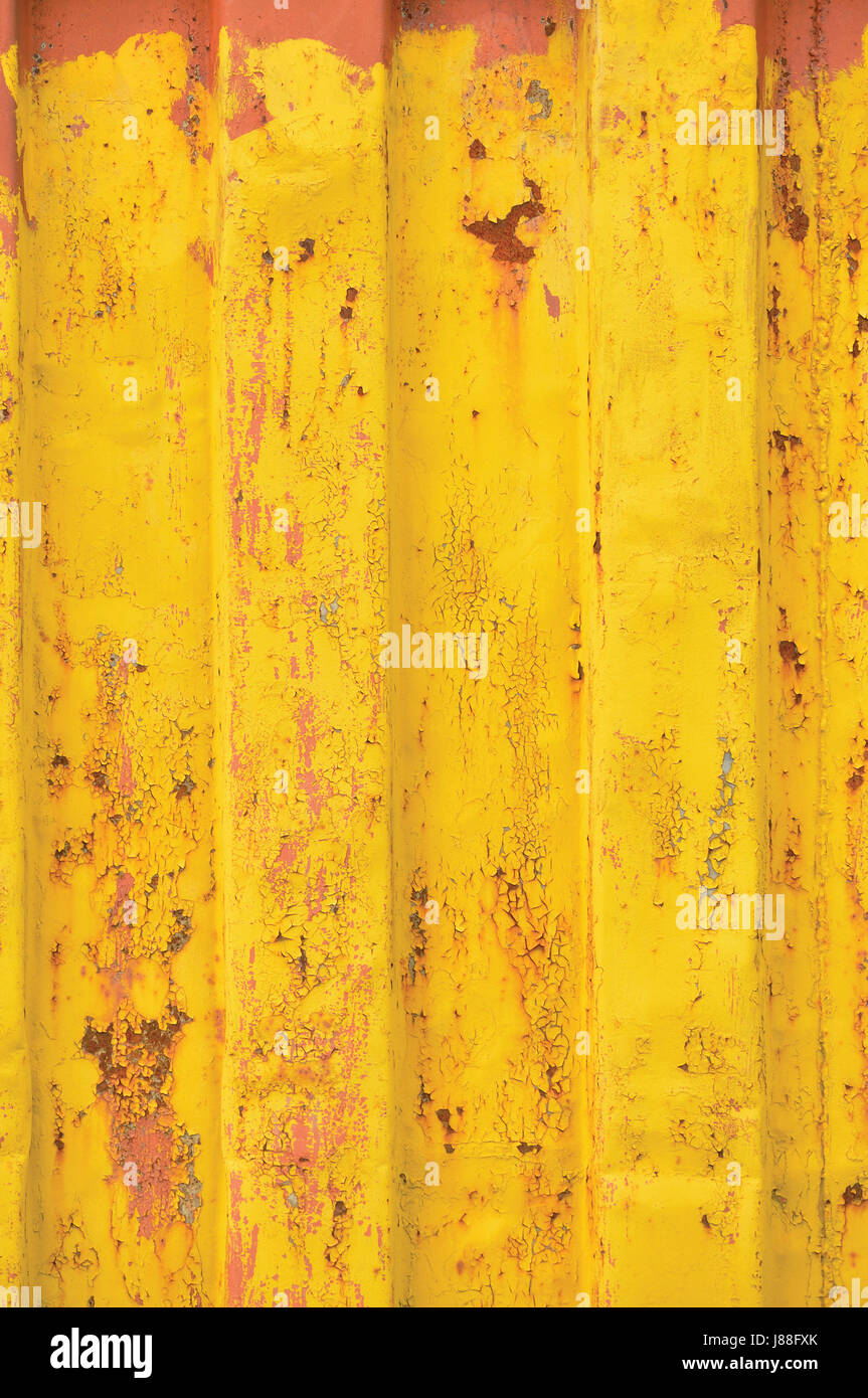 Yellow sea freight container background, rusty corrugated pattern, red ...