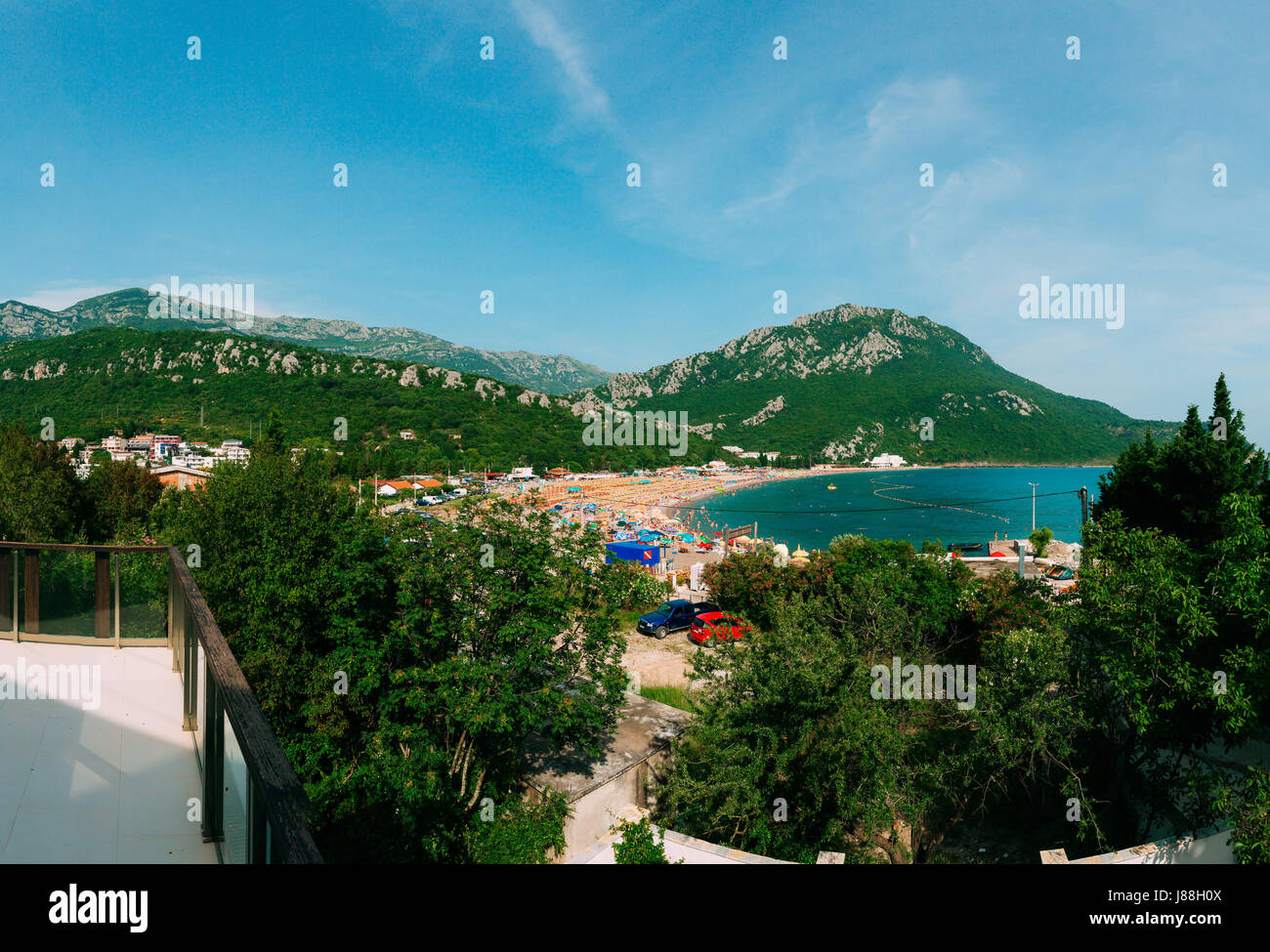 The beach and the promenade of the city of Canj in Montenegro Stock ...