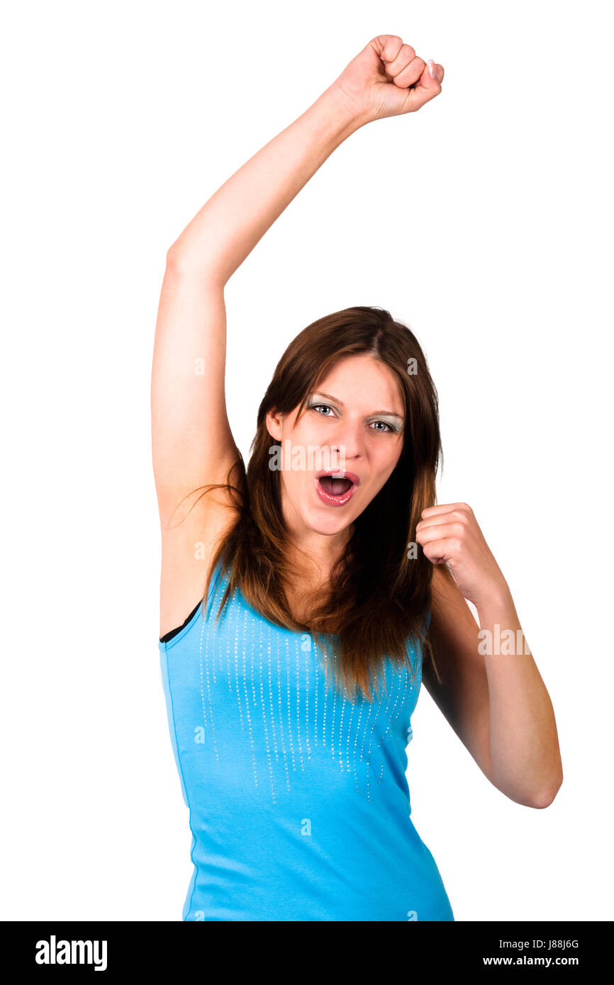 young woman in a blue top cheering Stock Photo - Alamy