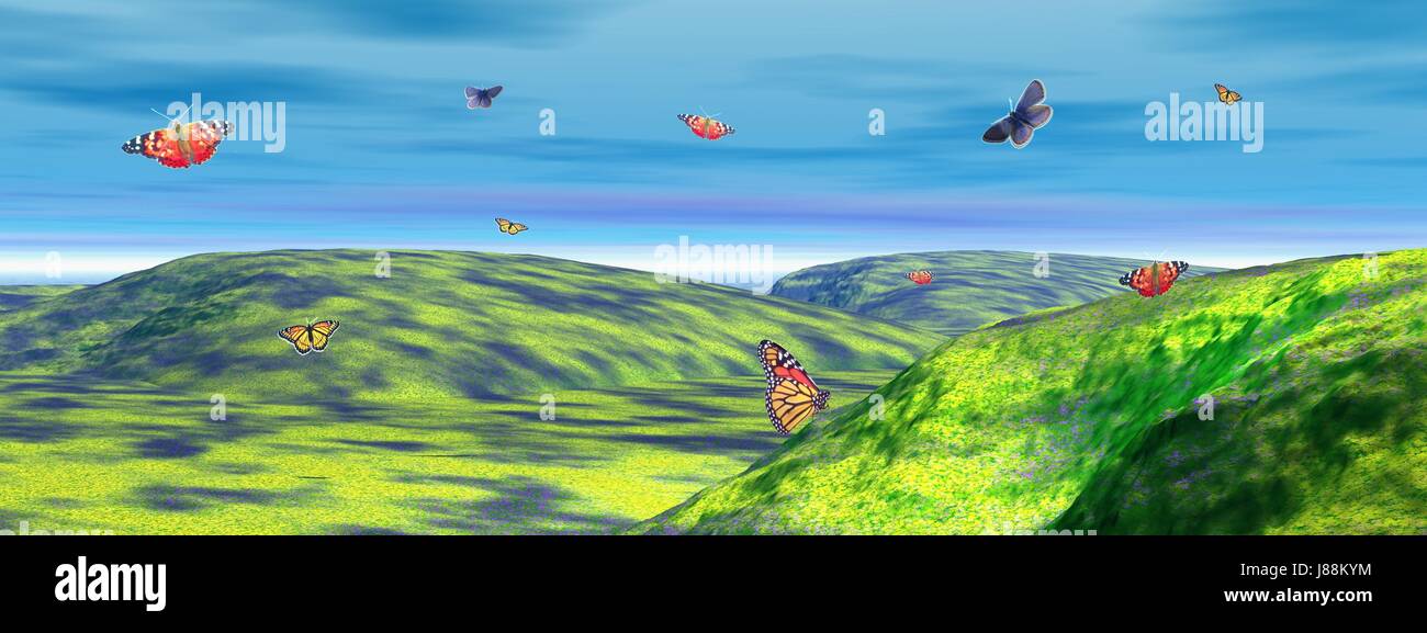 green, butterfly, illustration, butterflies, country, landscape ...