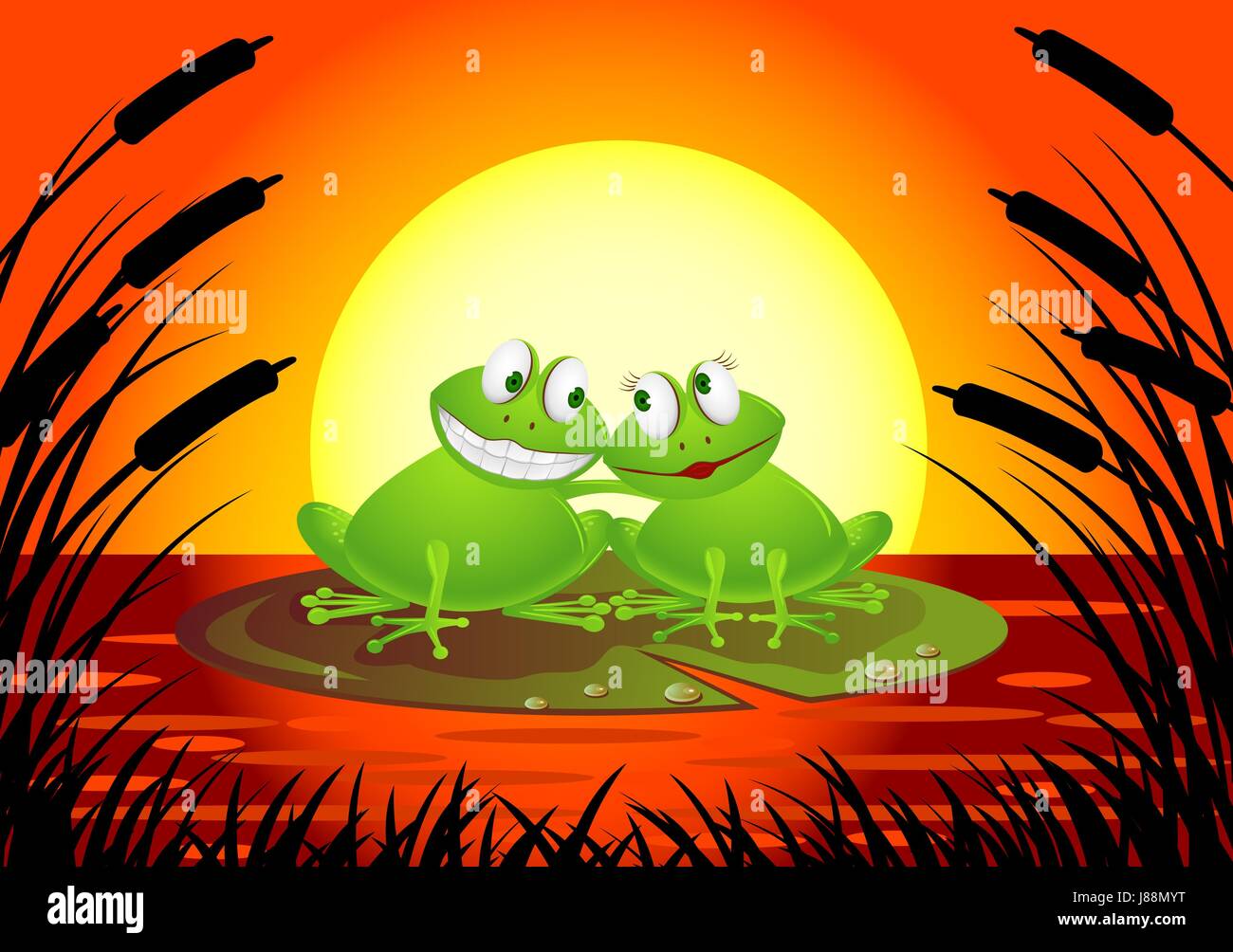 animal, sunset, illustration, frog, toad, cartoon, love, in love, fell ...