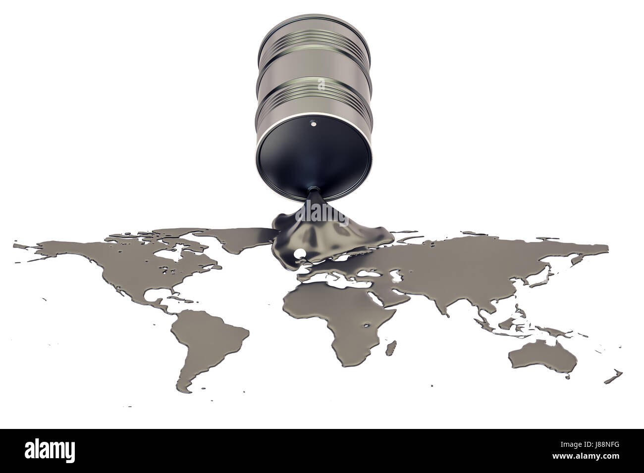 Oil production concept. Crude oil spilled in the shape of Earth map, 3D ...