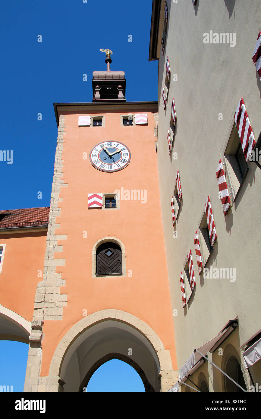tower, clock, bavaria, clock tower, ratisbon, blue, tower, historical ...