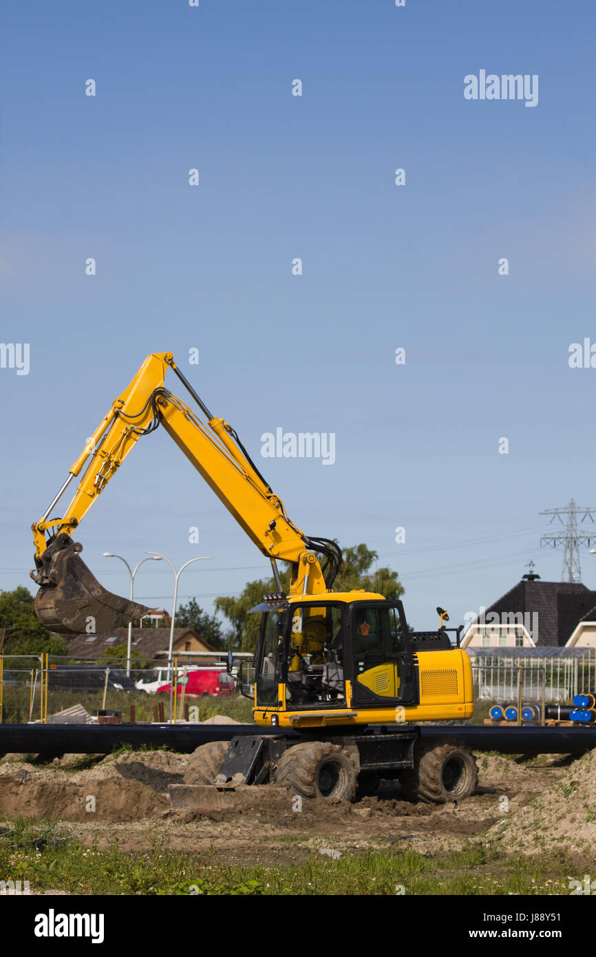 industrial, excavation, excavator, blue, house, building, tool ...