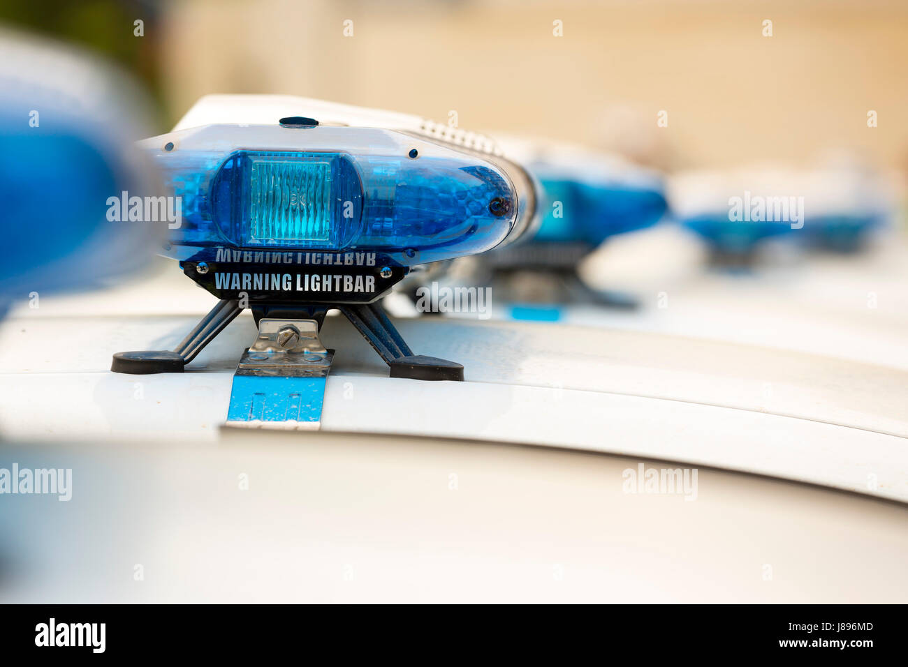 Blue warning lightbars on new patrol police cars. Close-up Stock Photo ...