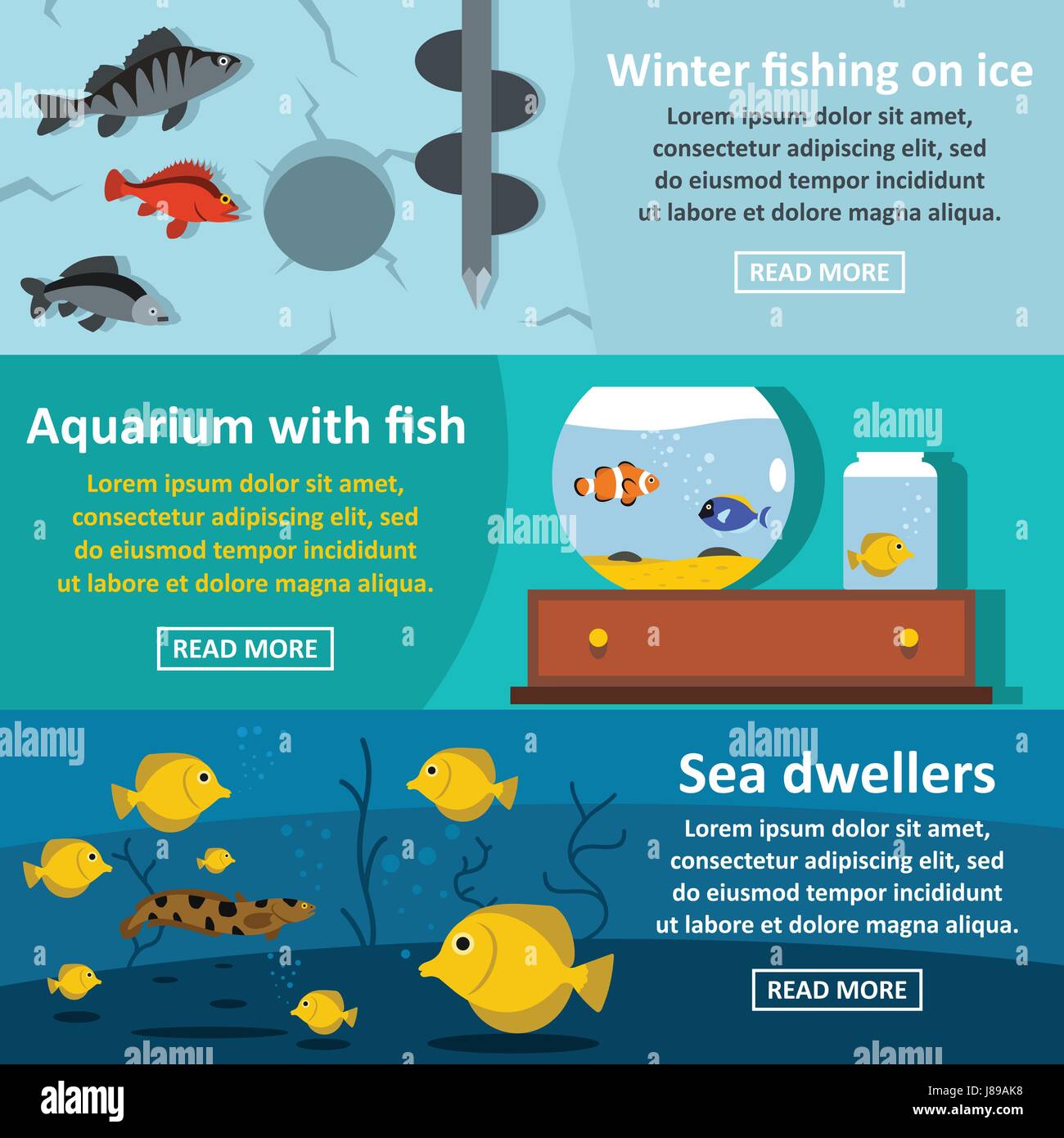 Fishing aquarium banner horizontal set, flat style Stock Vector Image ...