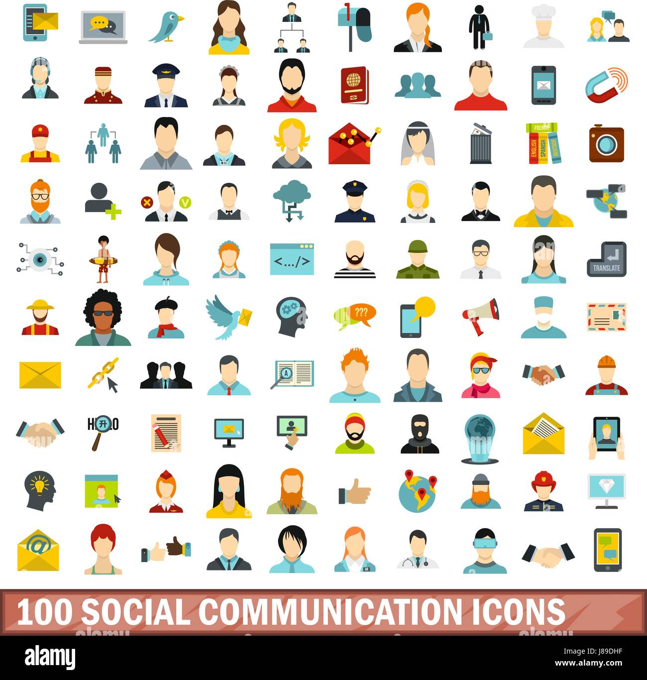 100 social communication icons set, flat style Stock Vector Image & Art ...
