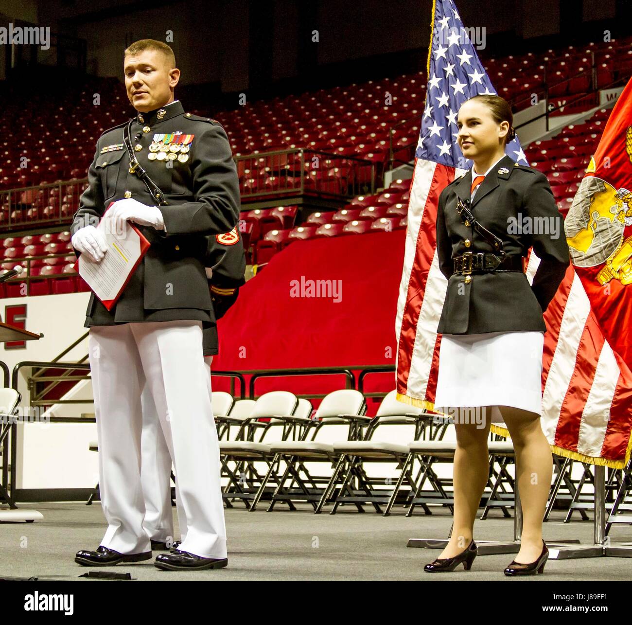 A Marine Corps officer selection officer addresses recruits at Alabama ...