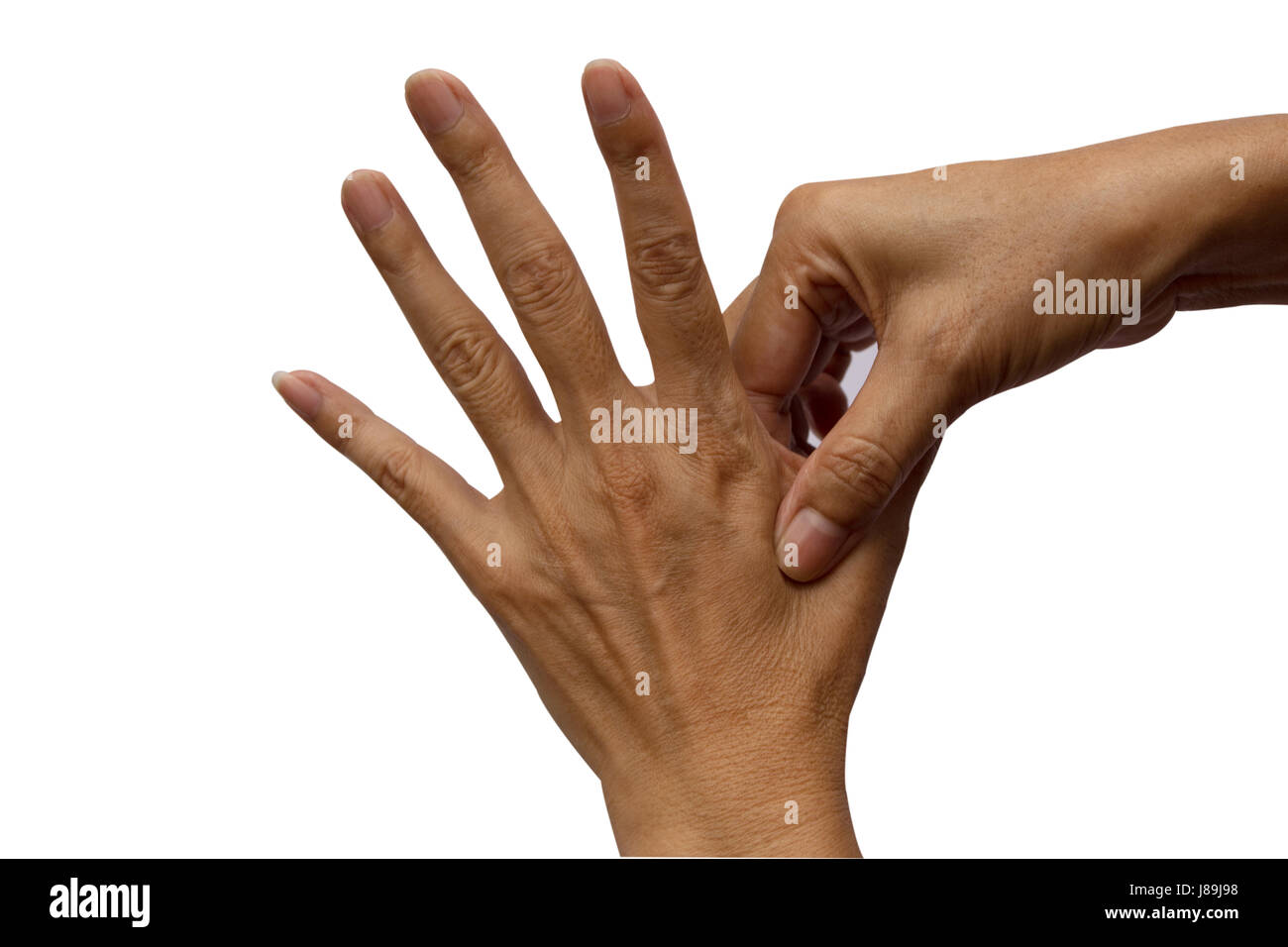 Woman hand touch hand isolated on white background Stock Photo - Alamy