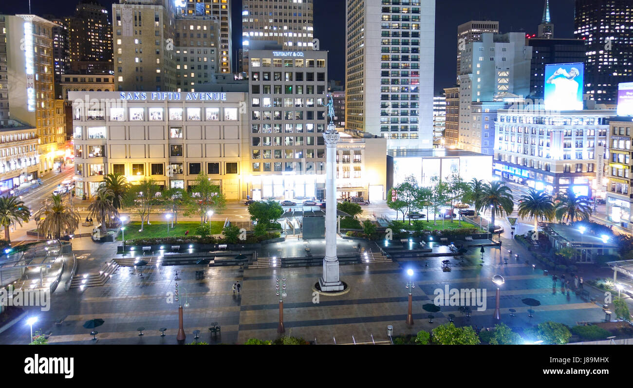 Aerial view over Union Square in San Francisco at night - SAN FRANCISCO ...