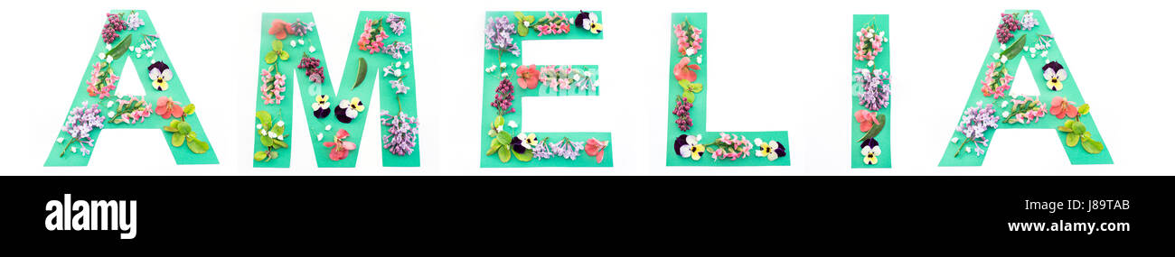 Amelia Word Made of Paper and Spring Flowers on a White Background ...