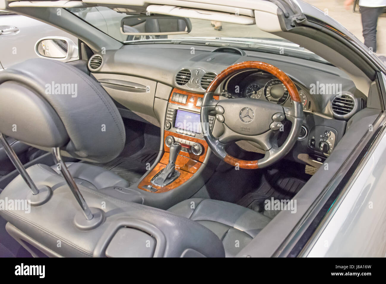 Cockpit of a right hand drive Mercedes-Benz CLK500 Cabriolet on display ...
