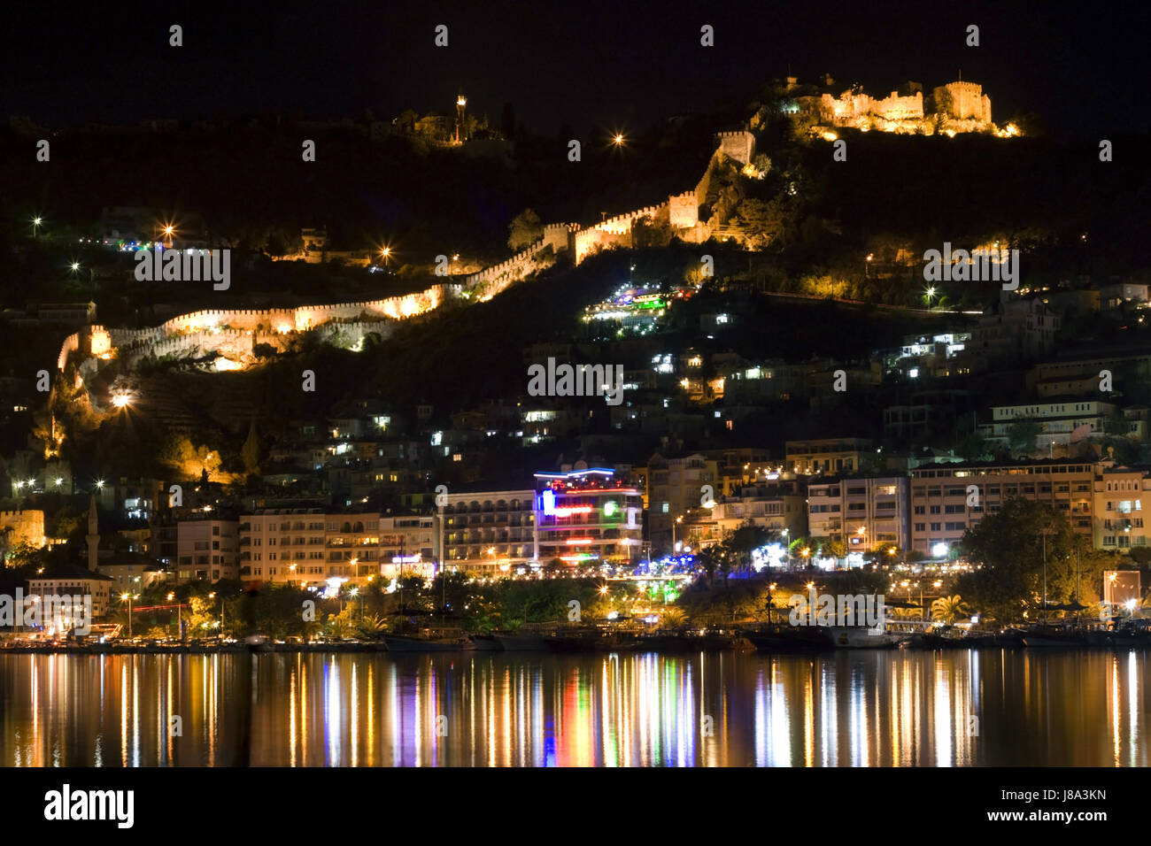 night, nighttime, reflection, castle, salt water, sea, ocean, water ...