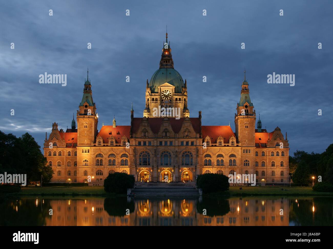 tower, night photograph, lighted, mirroring, town hall, hanover ...