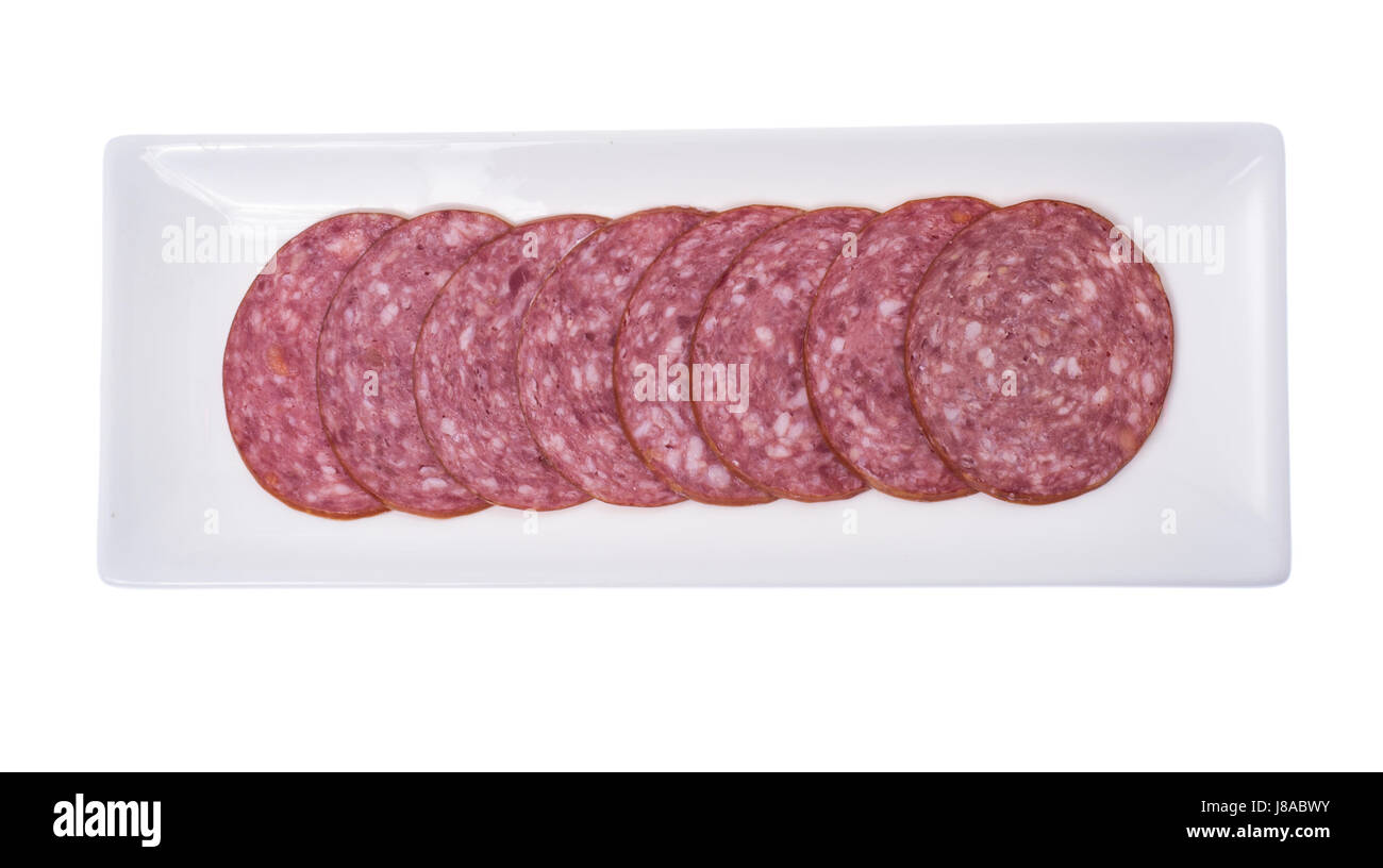 Cut salami on plate Cut Out Stock Images & Pictures - Alamy