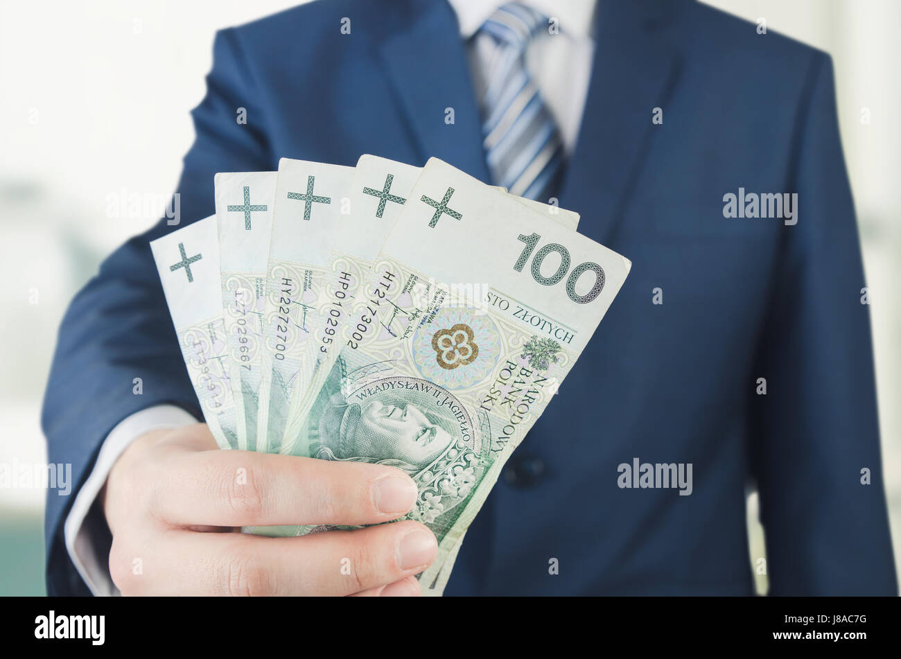 Range of Polish banknotes in hand. businessman giving money loan polish ...