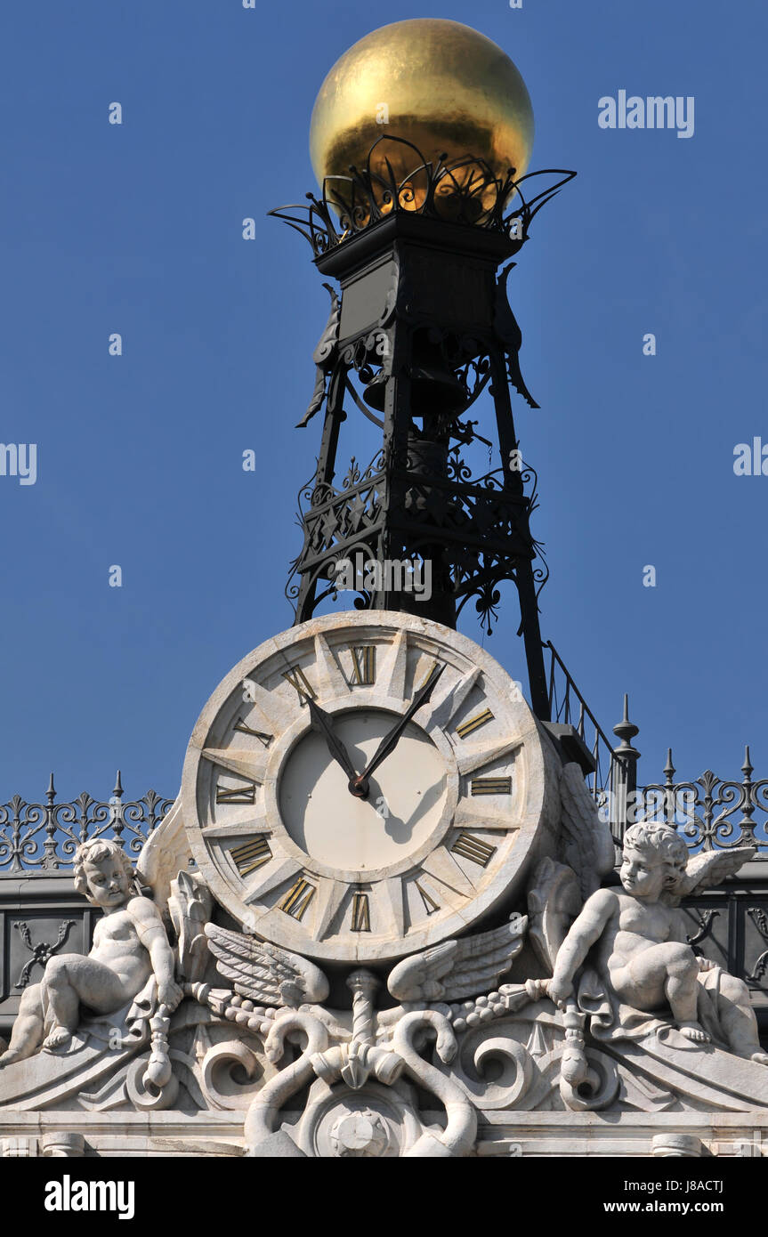 clock, date, time, time indication, spain, madrid, bank, building, blue ...