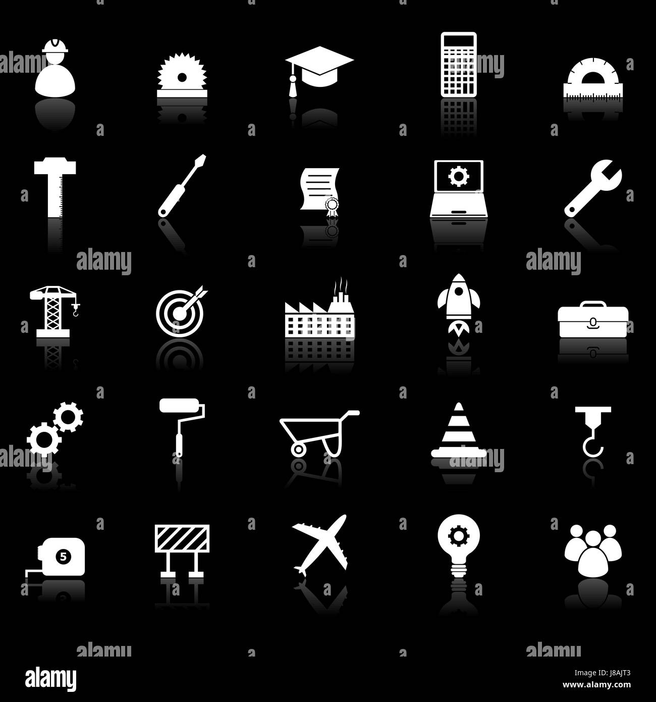 Engineering icons with reflect on black background, stock vector Stock ...