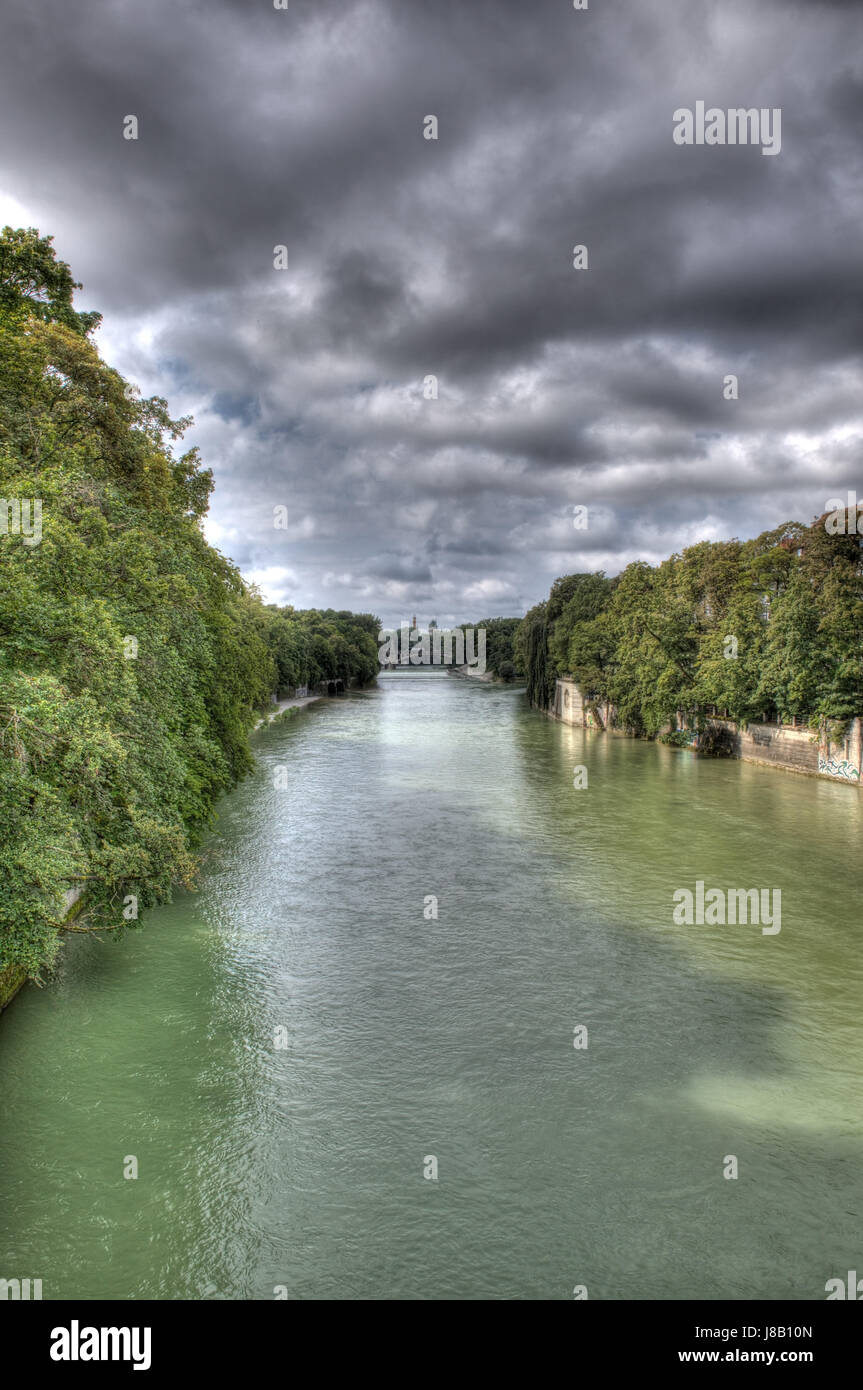 tree, munich, scenery, countryside, nature, river, water, clouds, city ...