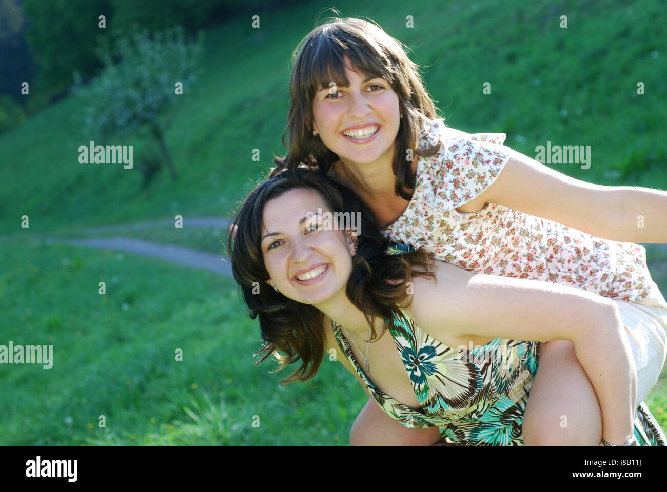woman, women, outing, walk, piggy-back, delighted, unambitious ...