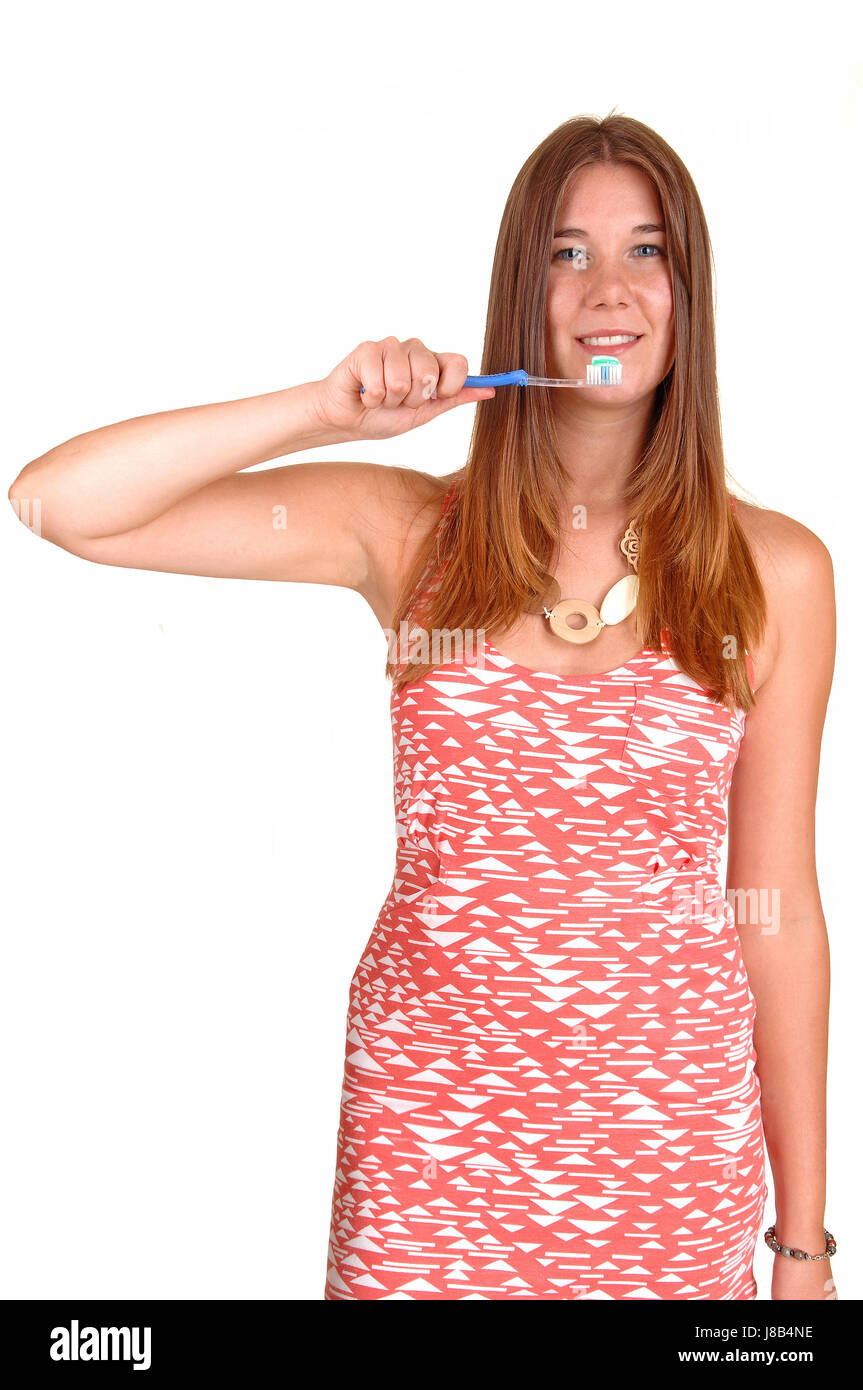 isolated, toothpaste, studio, standing, toothbrush, teenager, dress ...