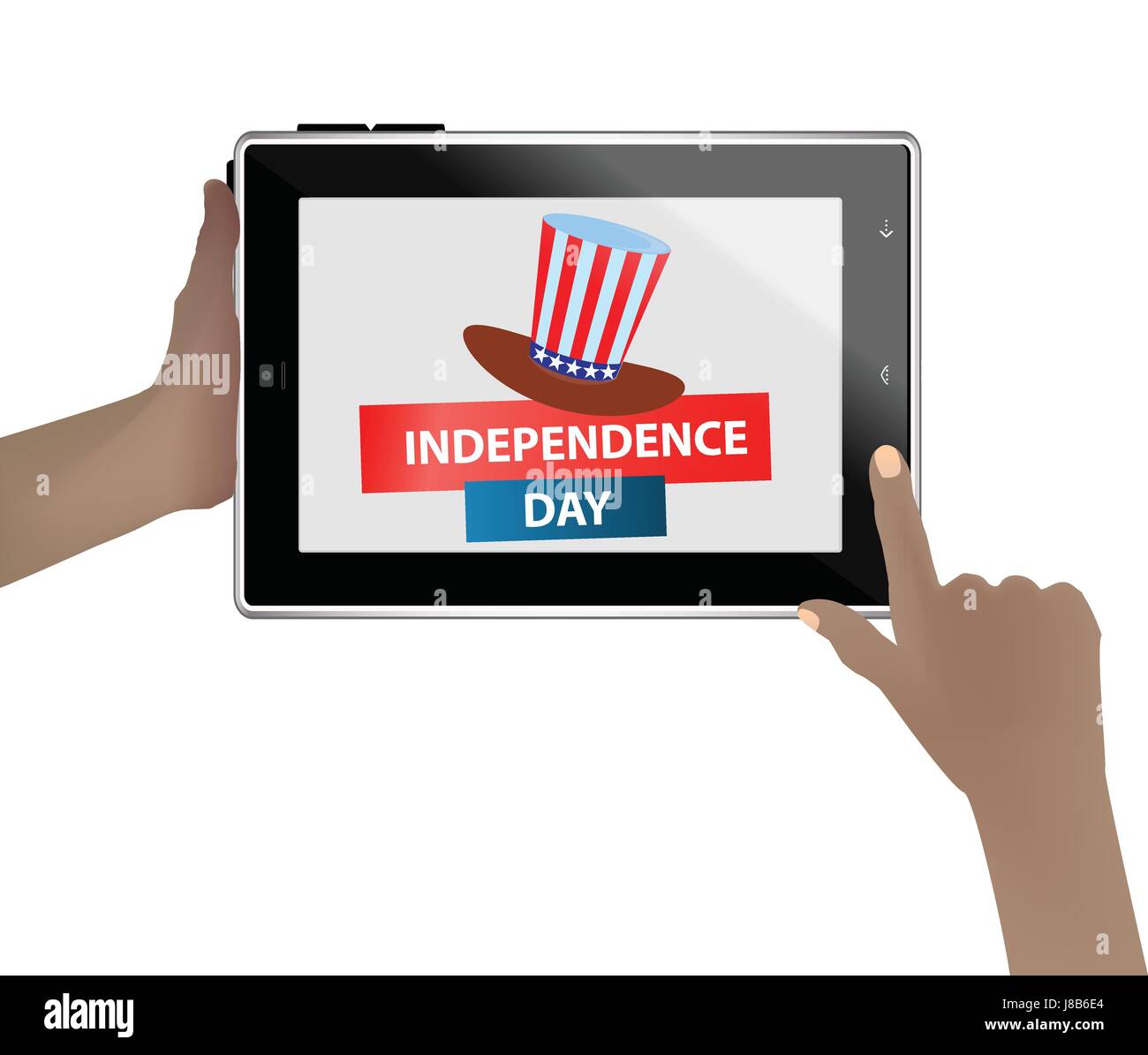 A tablet computer in the hands of a patriot on a white background. With ...
