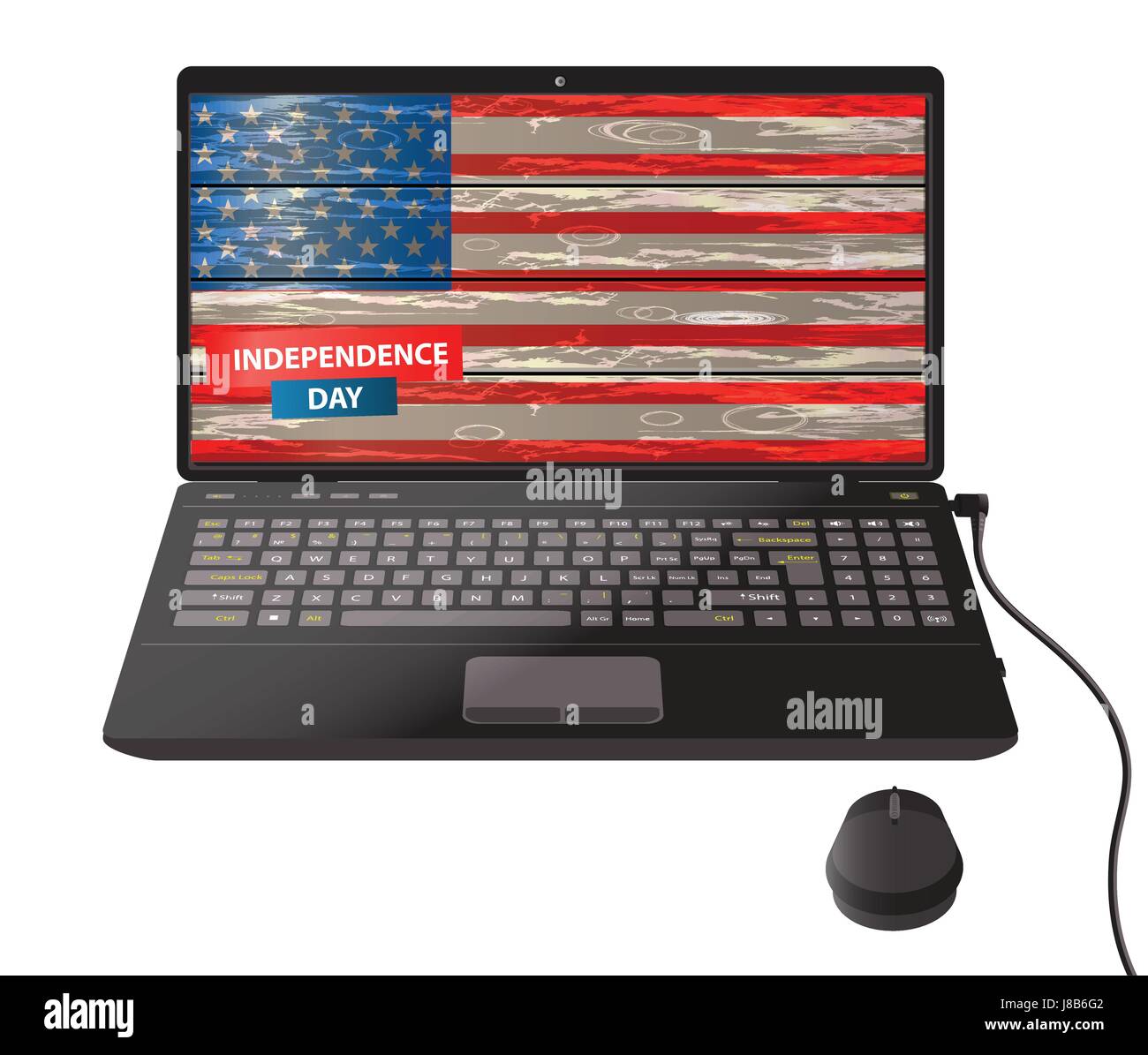 Laptop on a white background. With flag america on the background of ...