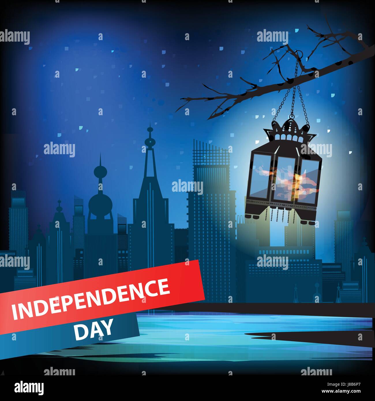 Statue of Liberty and the City. With a lantern on a tree. With the ...