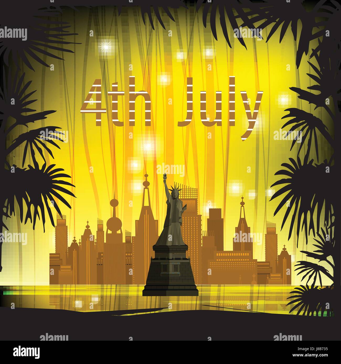 Statue of Liberty and the city on a yellow striped background with ...