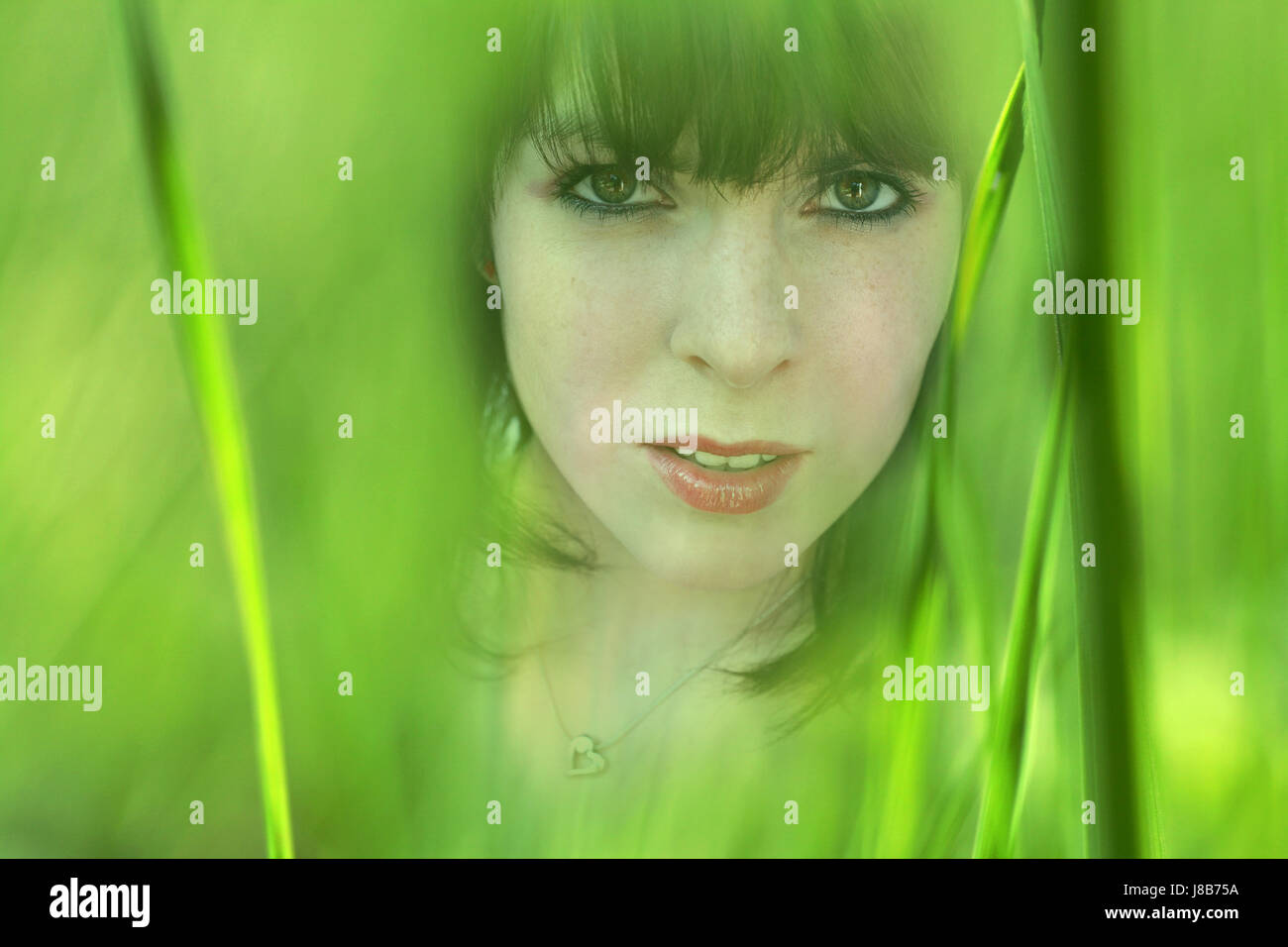 woman, face, jungle, photo composition, hide, meadow, grass, lawn ...