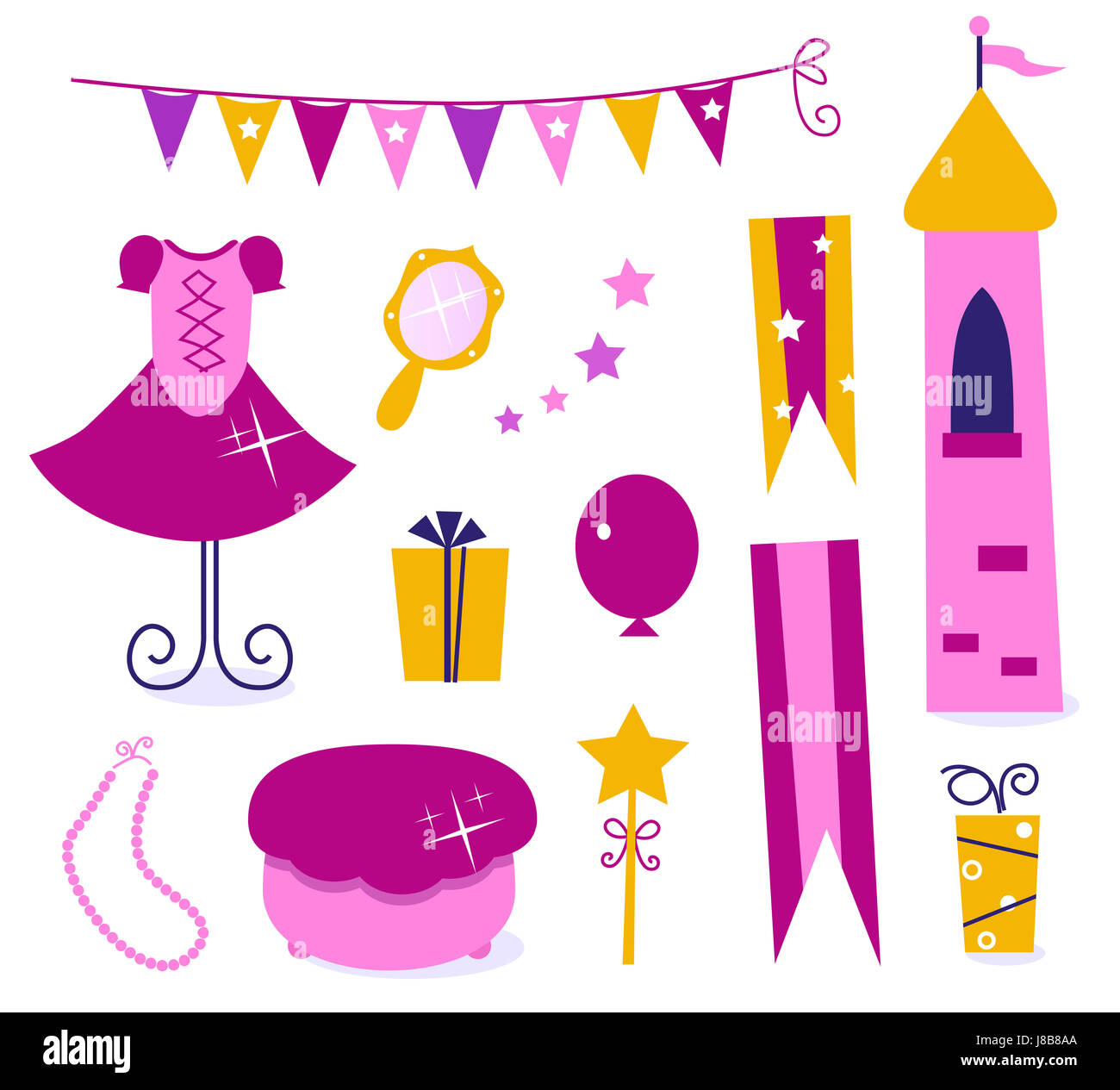 isolated, party, celebration, princess, icons, white, pink, tower ...