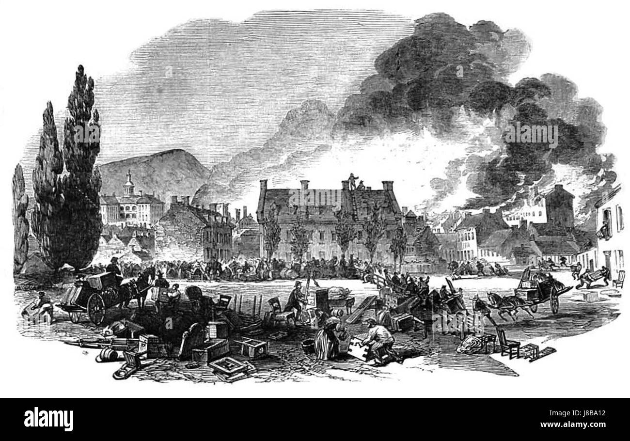 This sketch depicts the Great Fire in Montreal, viewed from the north ...