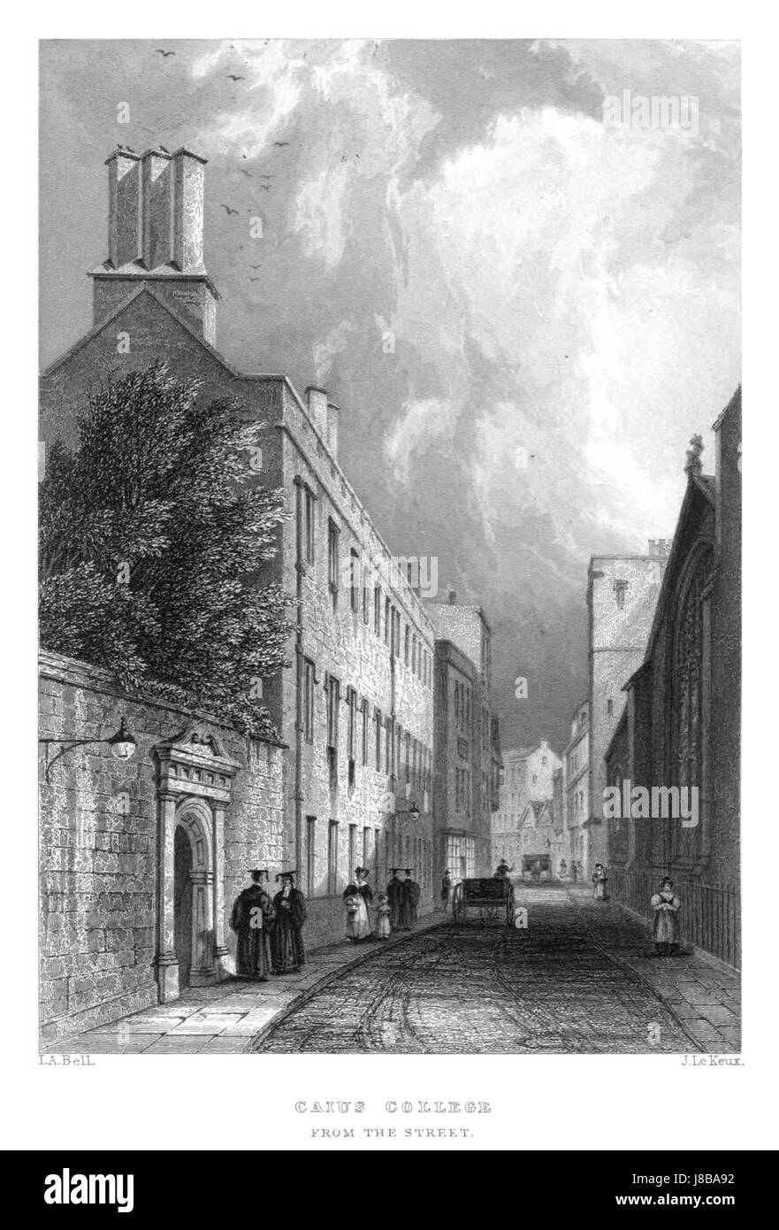This 1840s engraving by LeKeux depicts the historic Caius College in ...