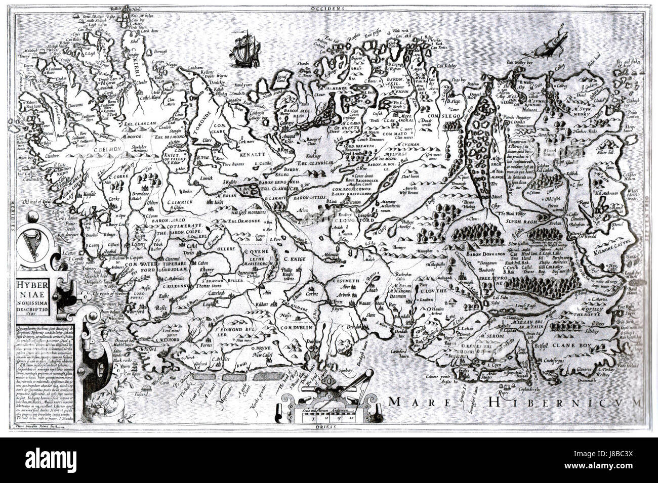 The 'Hiberniae' map of 1591 by Hondius and Kaerius depicts Ireland in ...