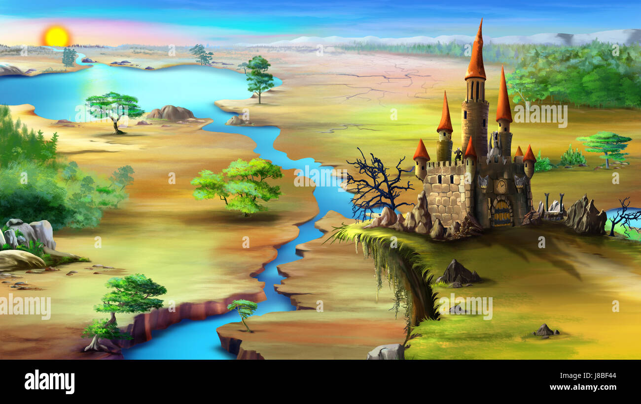 Magical fairy tale castle on a rock above the blue river in a summer ...