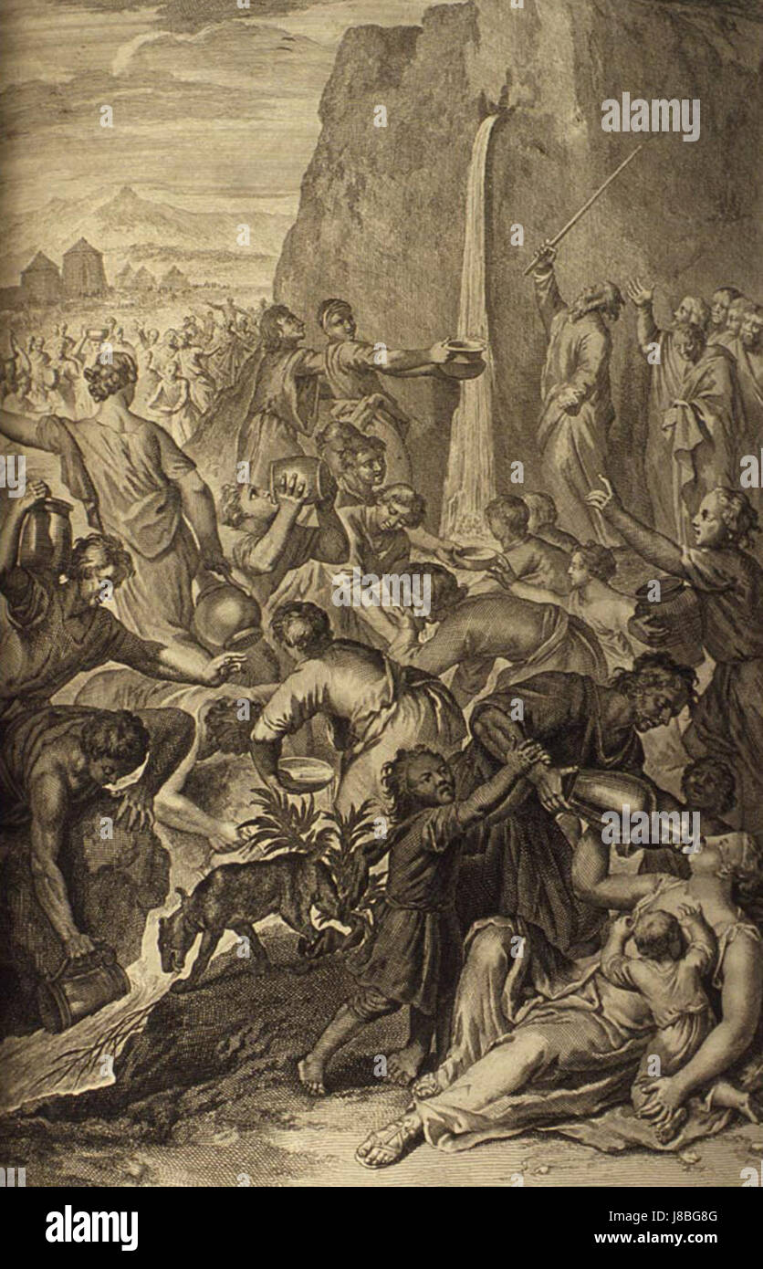 This artwork depicts the Biblical scene where Moses strikes a rock to ...